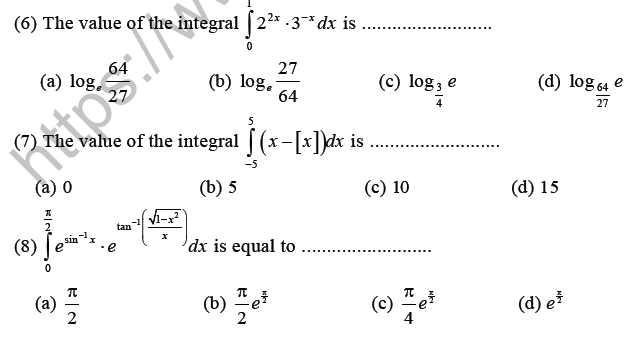 JEE Mathematics Definite Integration MCQs Set A with Answers